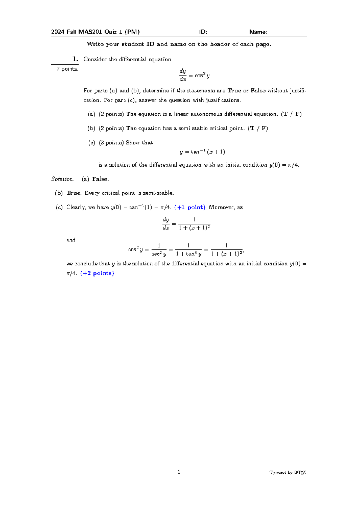 Quiz 1 (PM) - quiz - 2024 Fall MAS201 Quiz 1 (PM) ID: Name: Write your ...