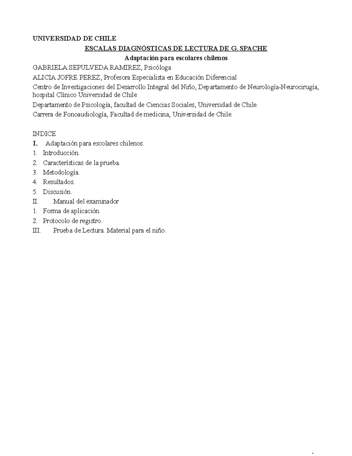 Escalas Diagnósticas de Lectura Manual Spache 1 - UNIVERSIDAD DE CHILE ...