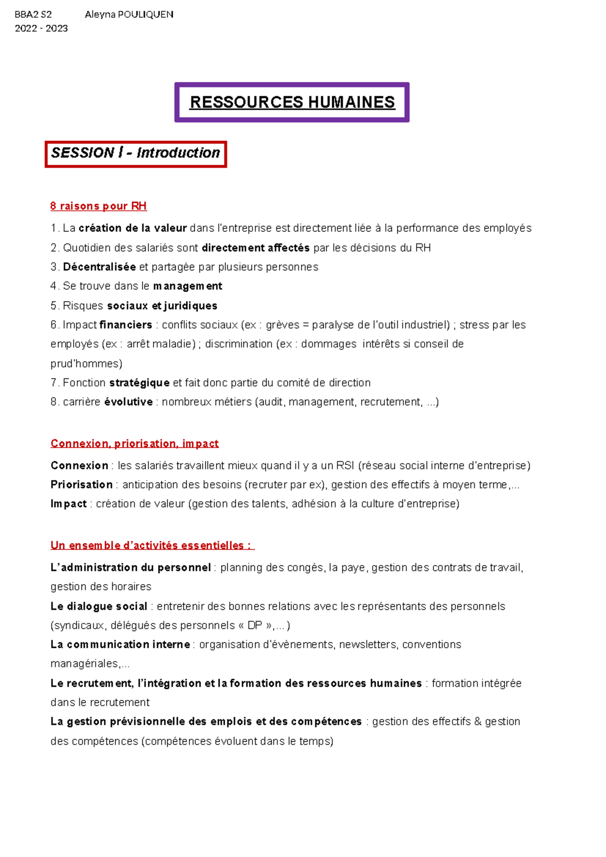 RH - Notes - Résumé rh - 2022 - 2023 RESSOURCES HUMAINES SESSION I ...
