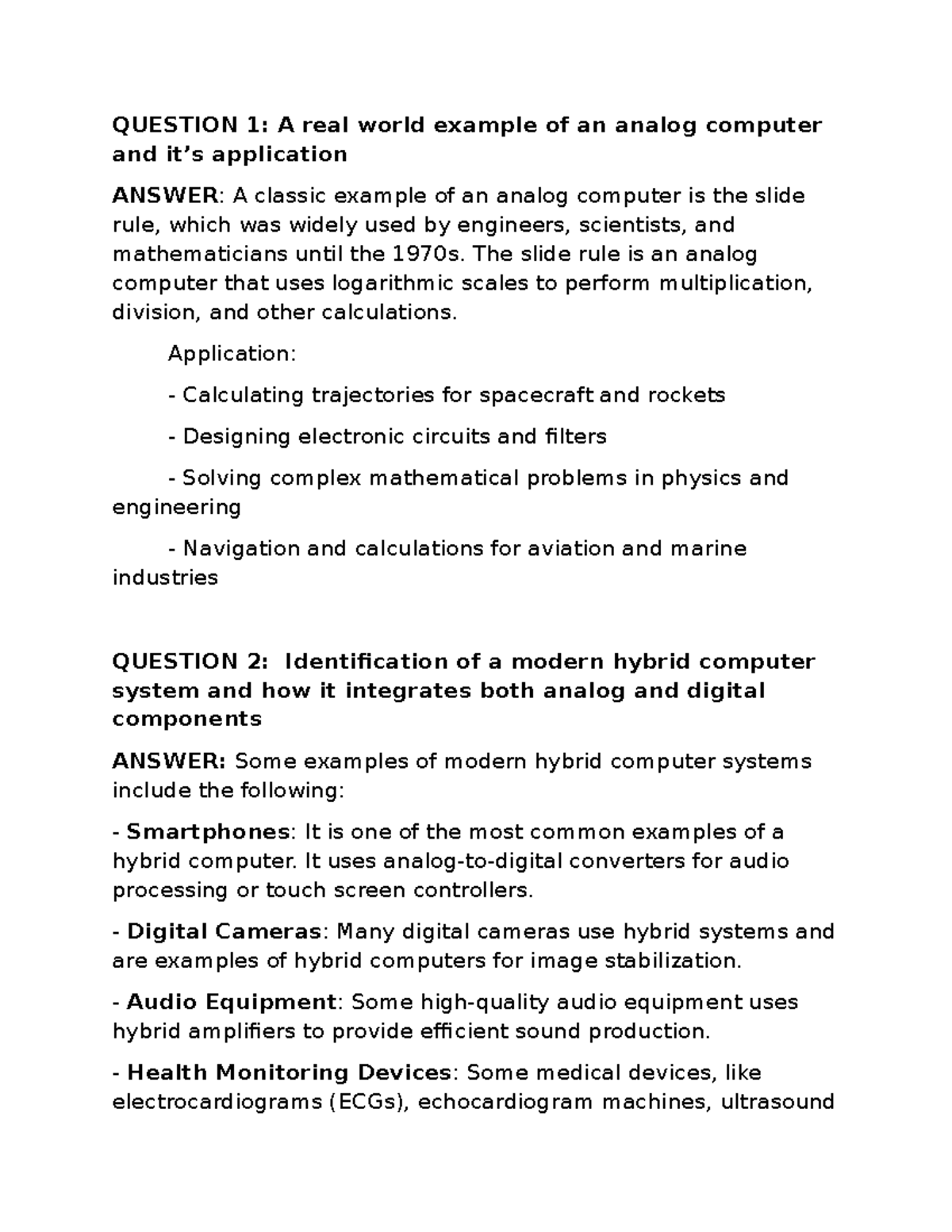 Fave - Assignments - QUESTION 1: A real world example of an analog computer and it’s application ...