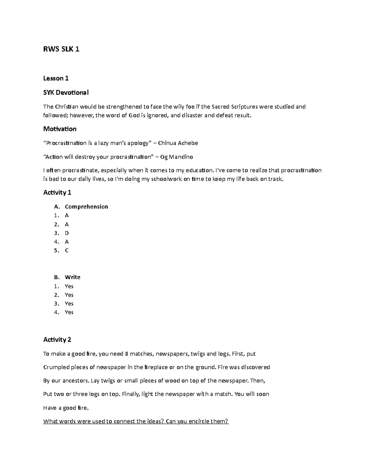 Reading & Writing Skill SLK 1 - RWS SLK 1 Lesson 1 SYK Devotional The ...