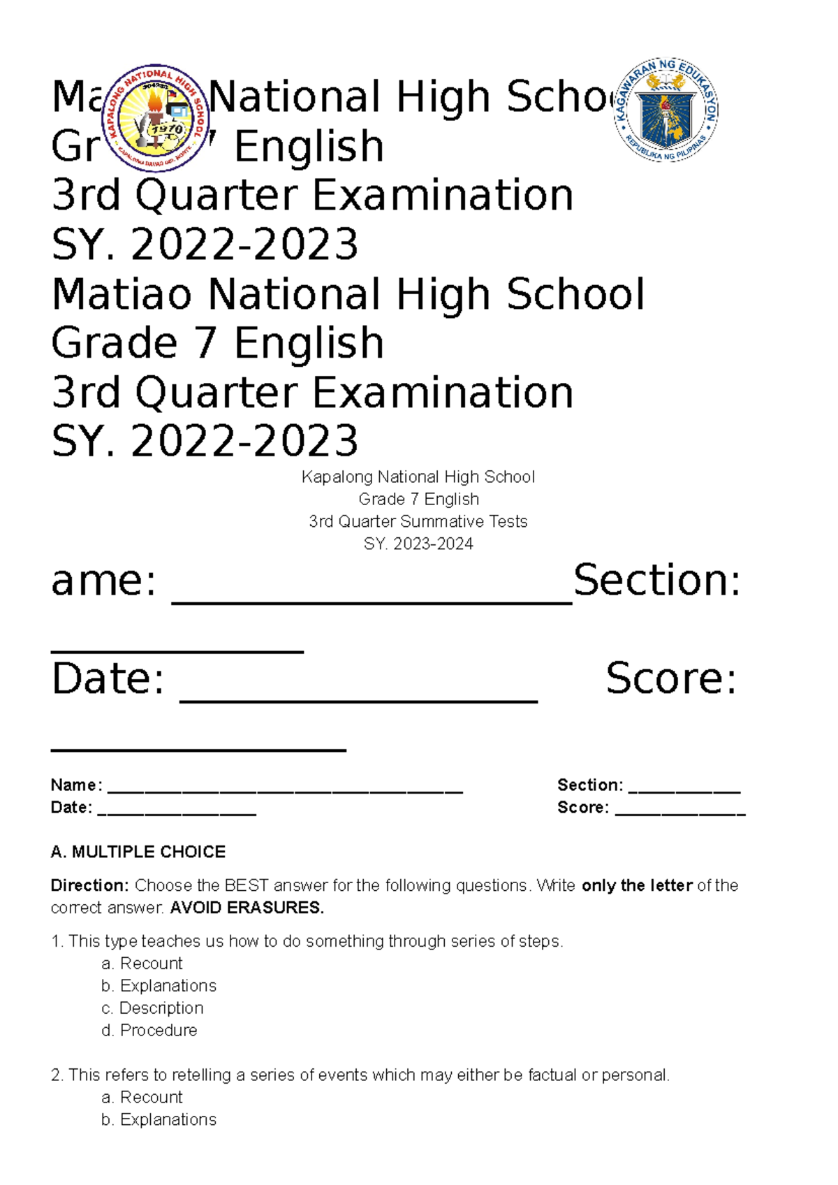 Summative-test - Sample Summative test that was used in 3rd quarter ...