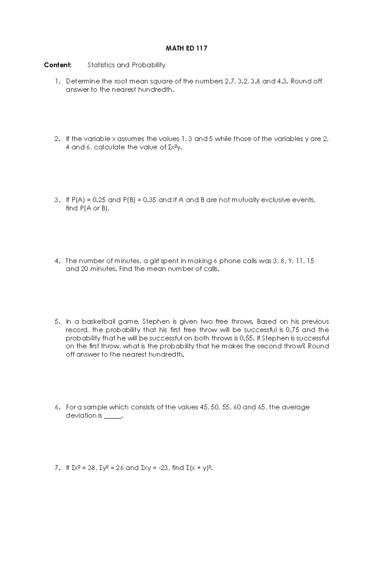 Math Ed 117 SP - Assessment - MATH ED 117 Content: Statistics and ...