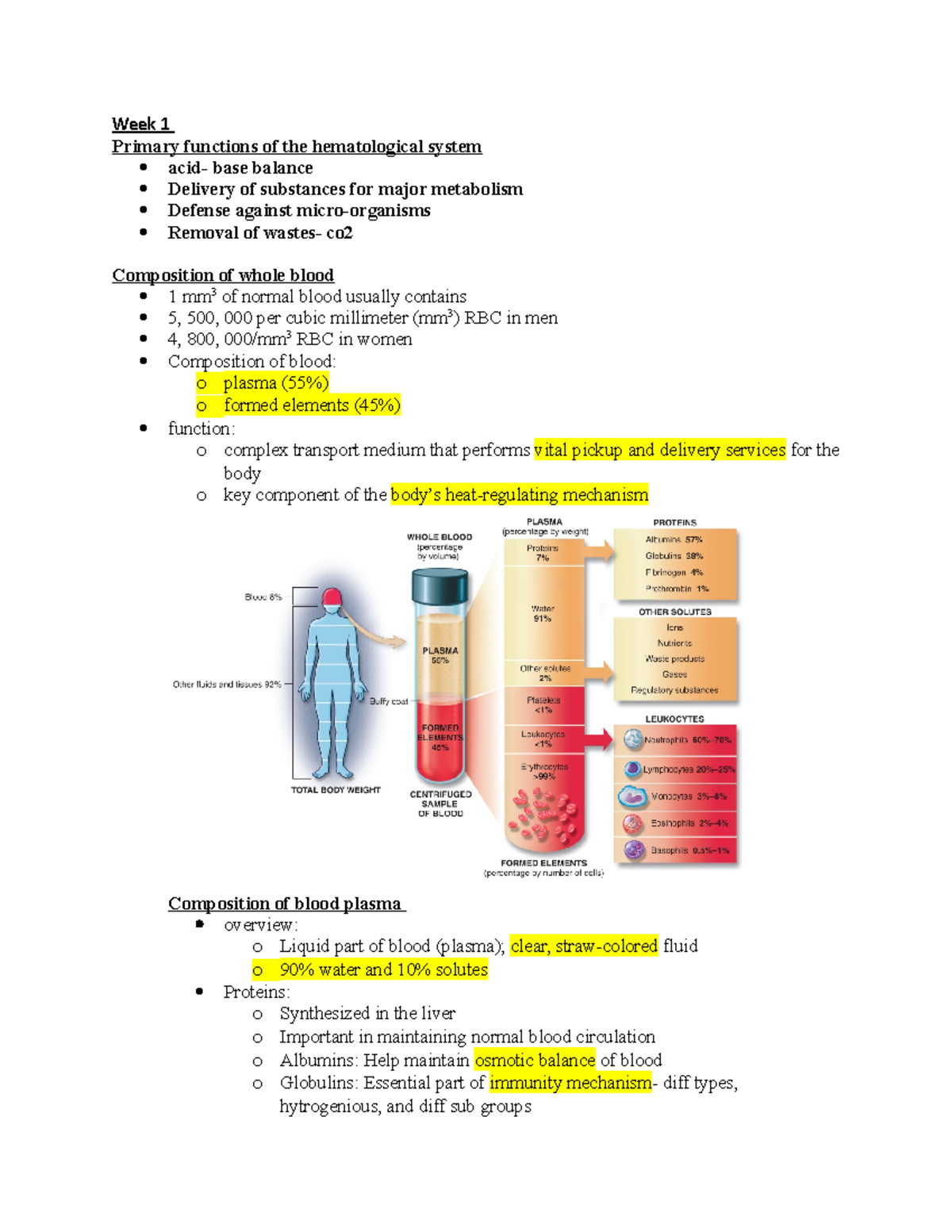 Anatomy week 1 notes - Week 1 Primary functions of the hematological ...