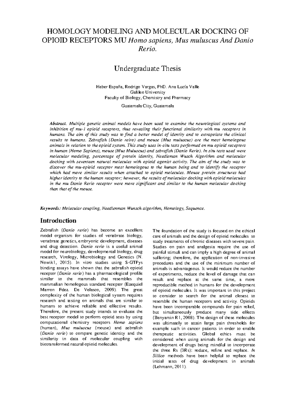 Homology Modeling AND Molecular Docking OF Opioid Receptors MU Homo ...