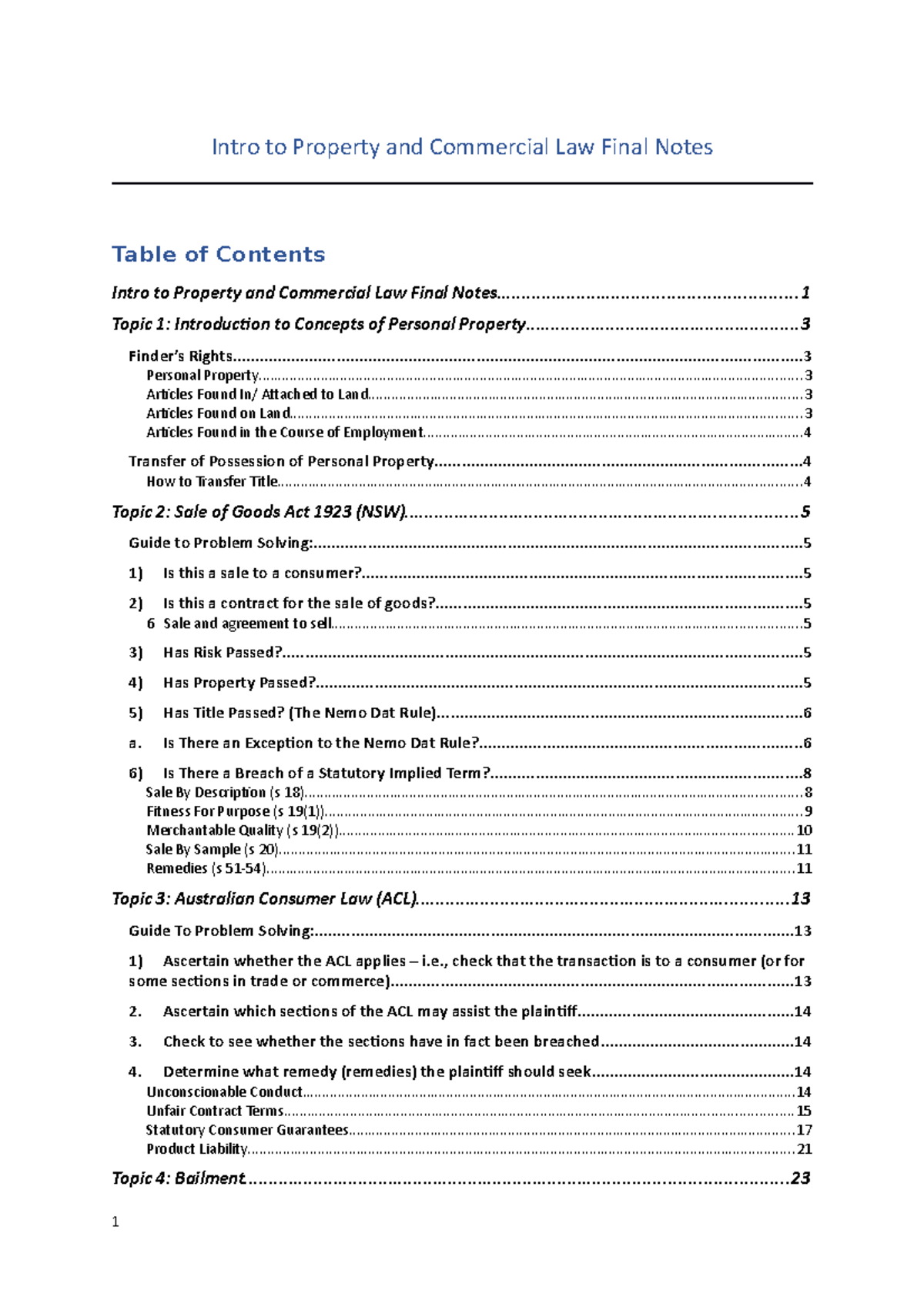 Intro to Property and Commercial Law Final Notes - Studocu