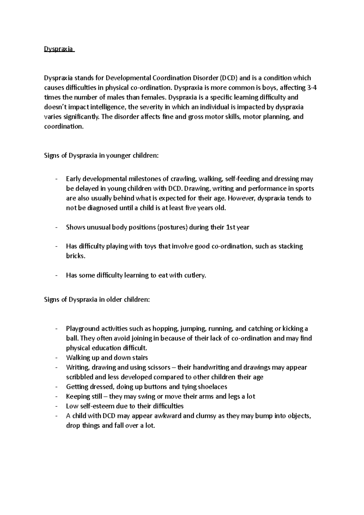 Dyspraxia Notes - Dyspraxia Dyspraxia stands for Developmental ...