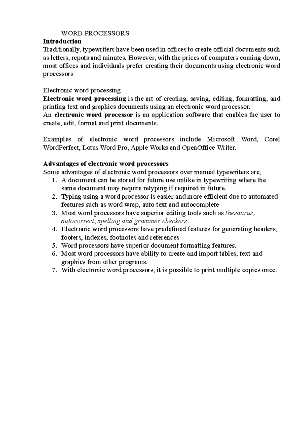 WORD Processors - Word - WORD PROCESSORS Introduction Traditionally ...