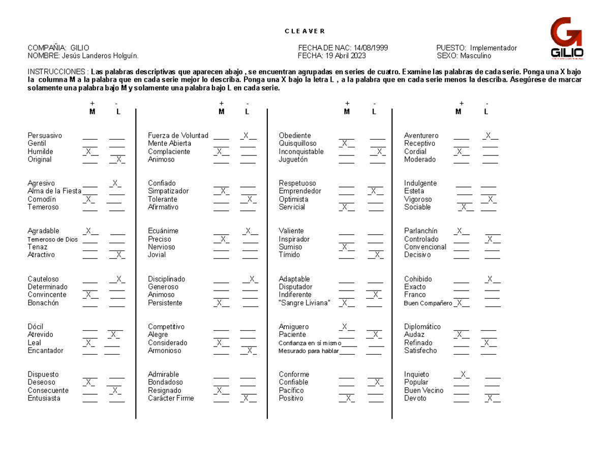 Cleaver - test psicologico - C L E A V E R COMPAÑIA: GILIO FECHA DE NAC ...