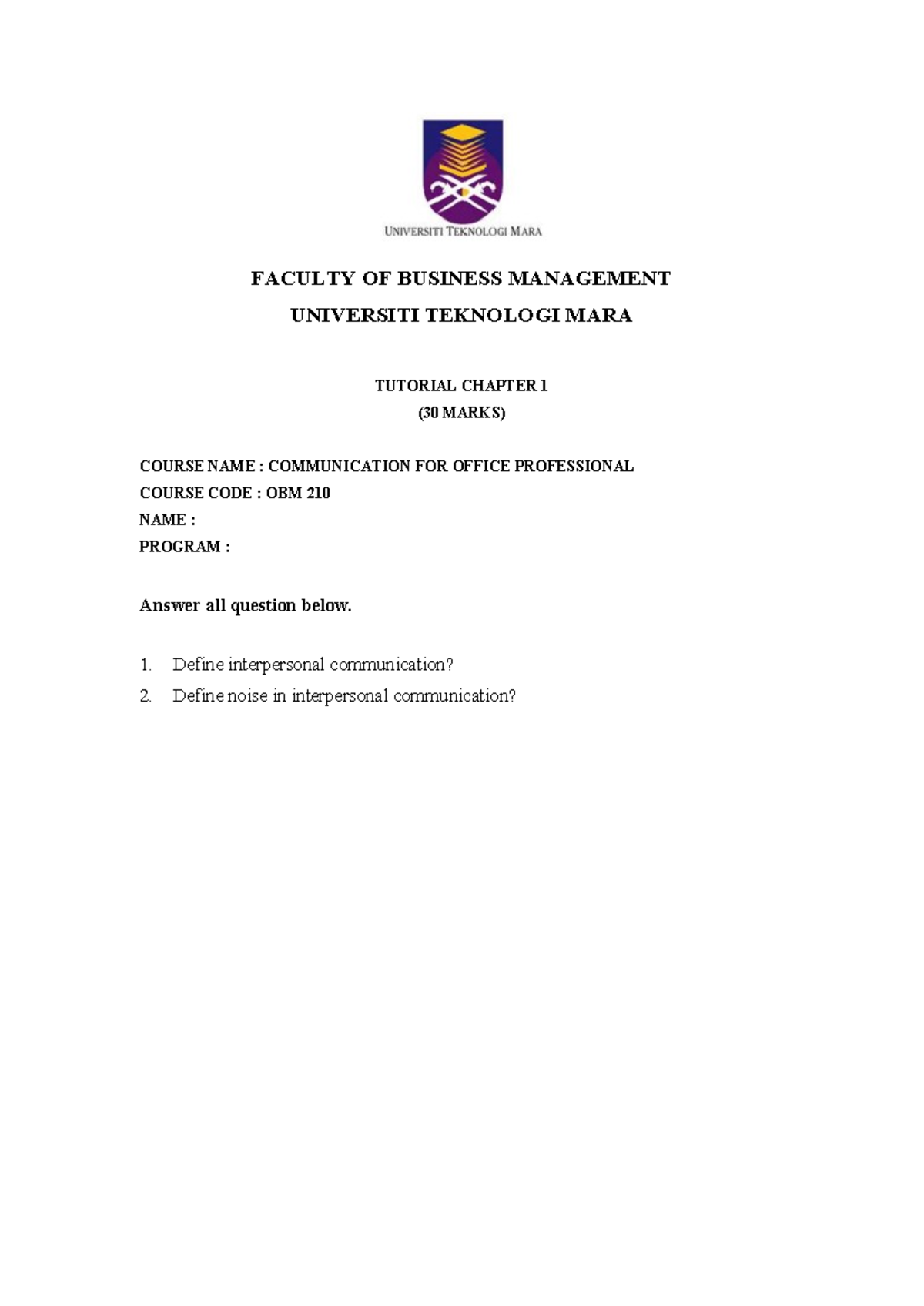 Tutorial Chapter 1 - Executive Note Taking - FACULTY OF BUSINESS ...