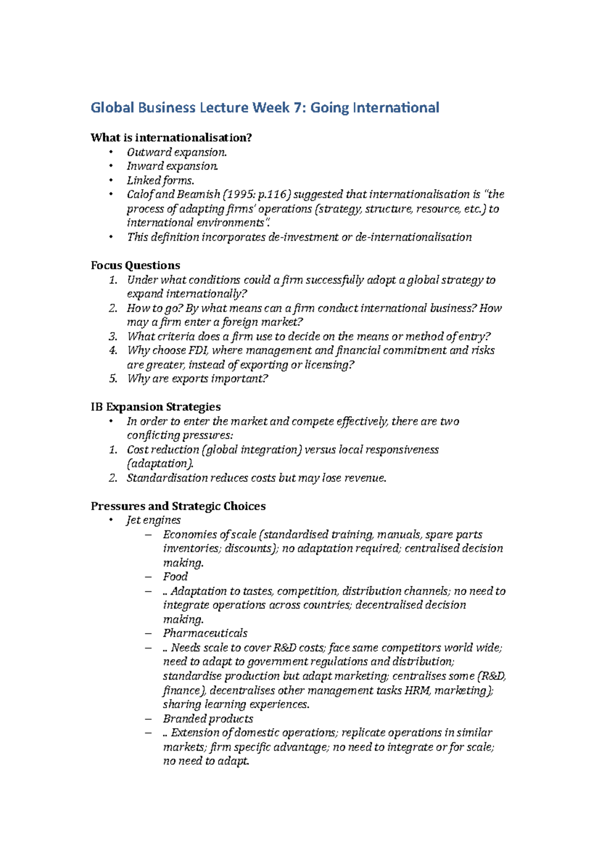 Global Business Lecture Week 7 Notes - Global Business Lecture Week 7 ...