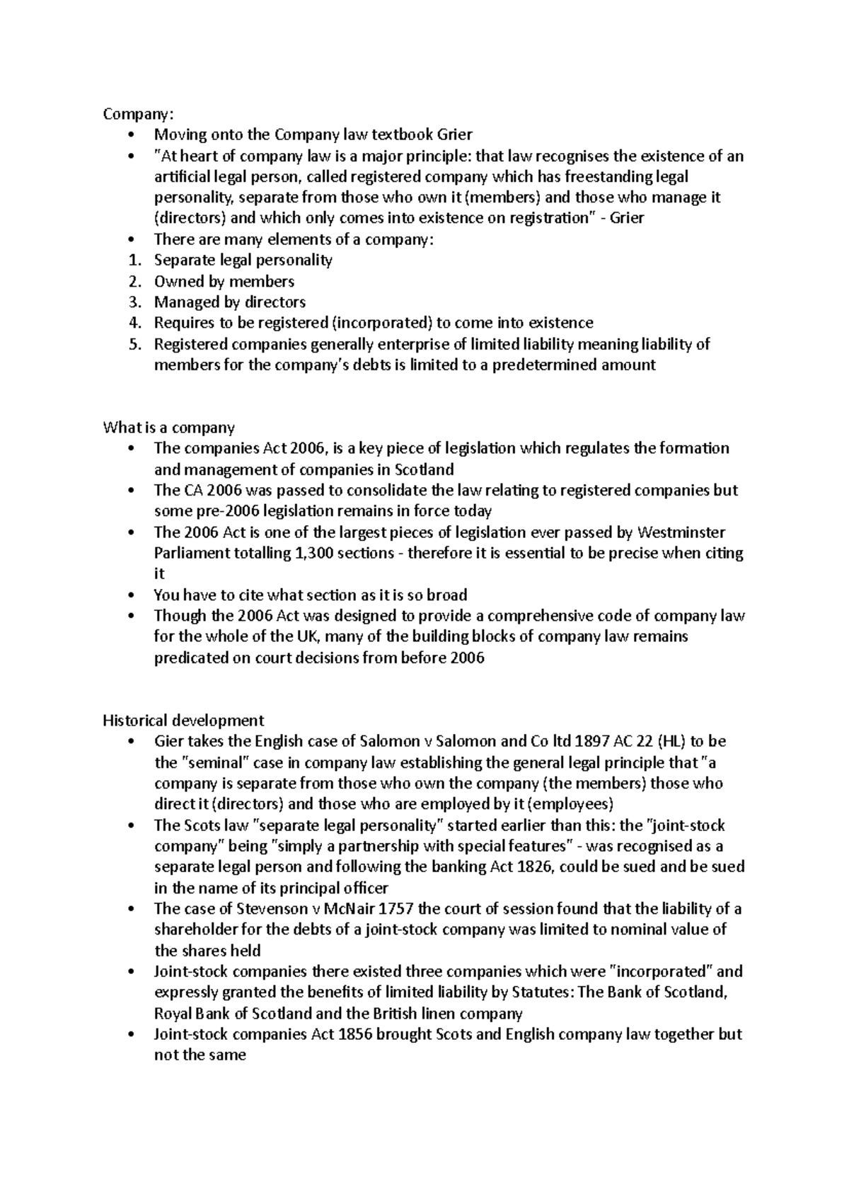 Company lecture notes - Company: Moving onto the Company law textbook ...