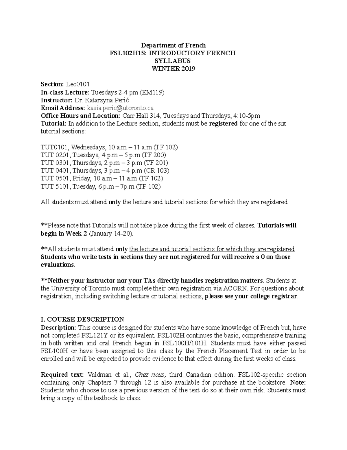 Syllabus FSL102L0101 Winter 2019-1 - Department of French FSL102H1S ...