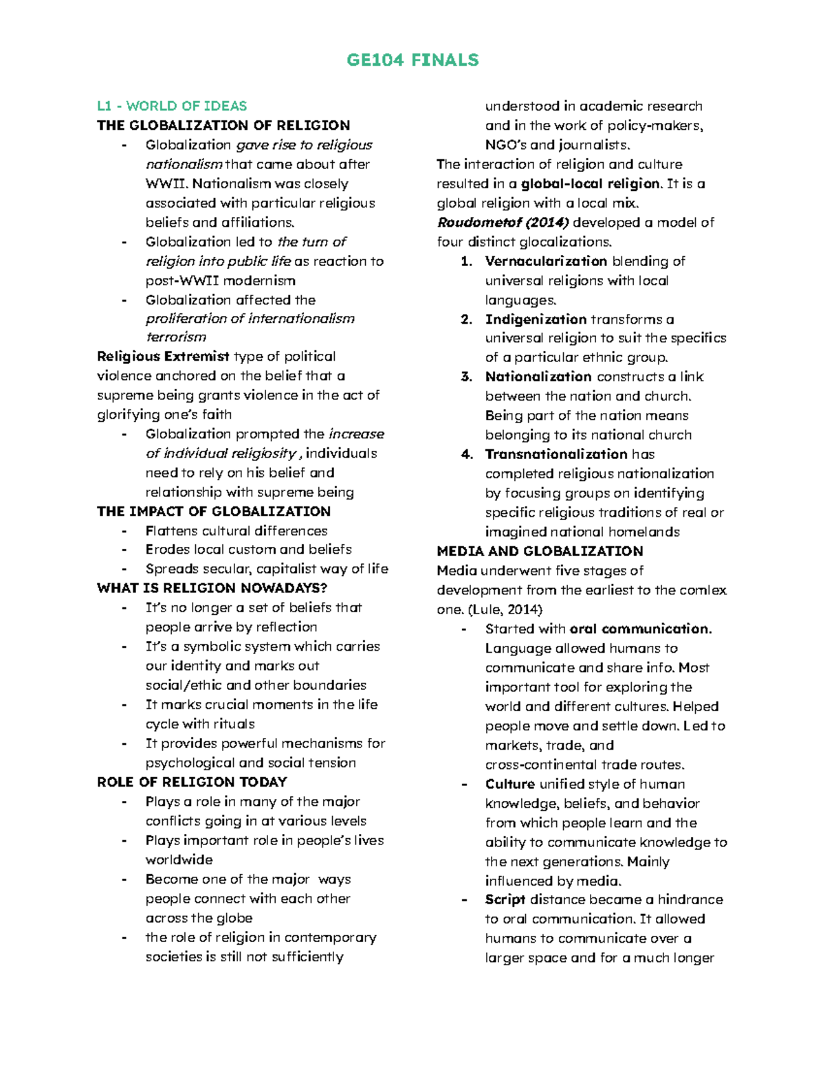 GE104 Finals - Notes for final period - GE104 FINALS L1 - WORLD OF ...