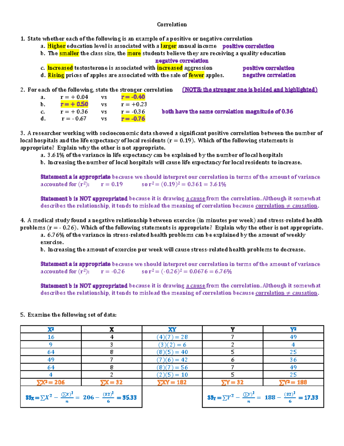 Correlation assignment KEY - Correlation State whether each of the following is an example of a ...