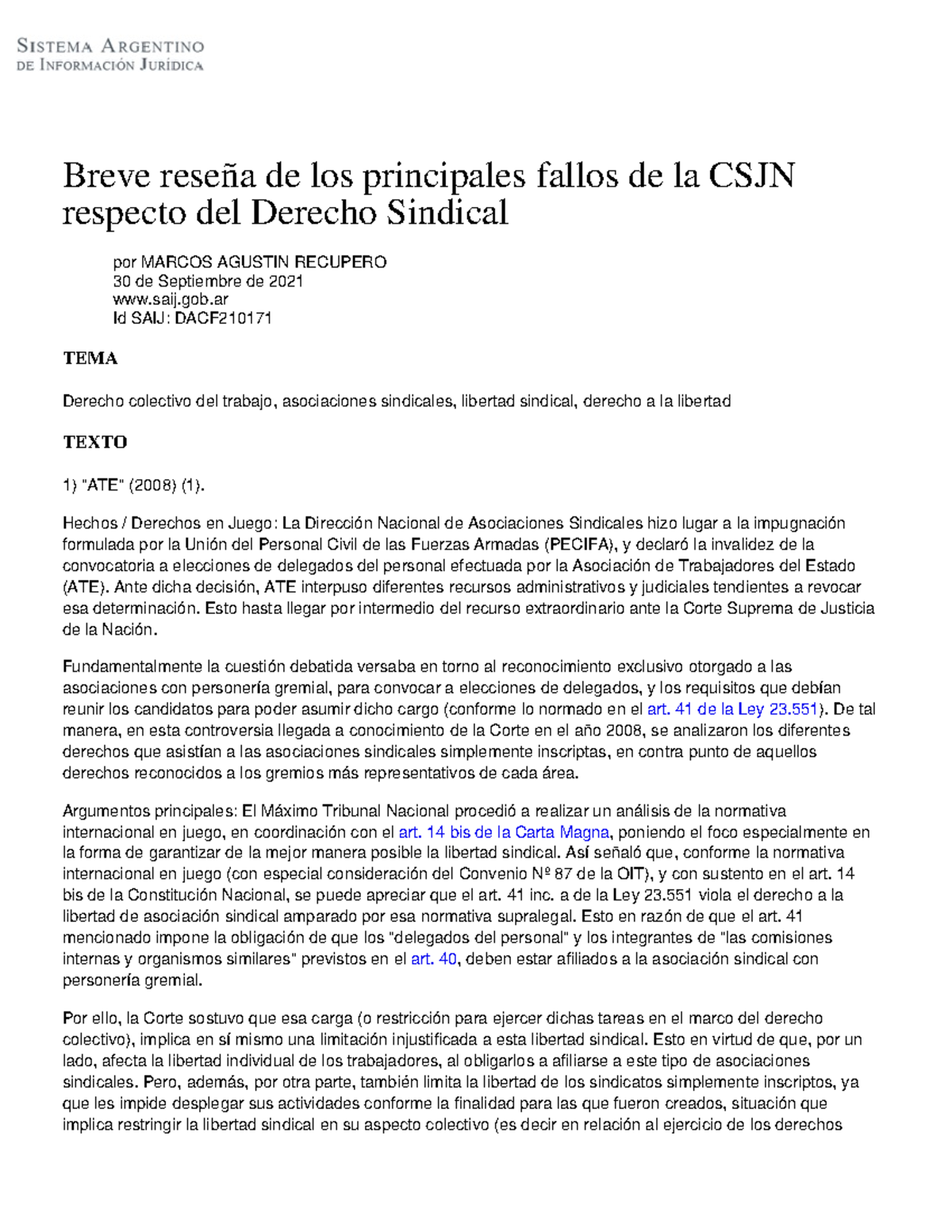 Breve reseña de los principales fallos de la CSJN respecto del Derecho ...
