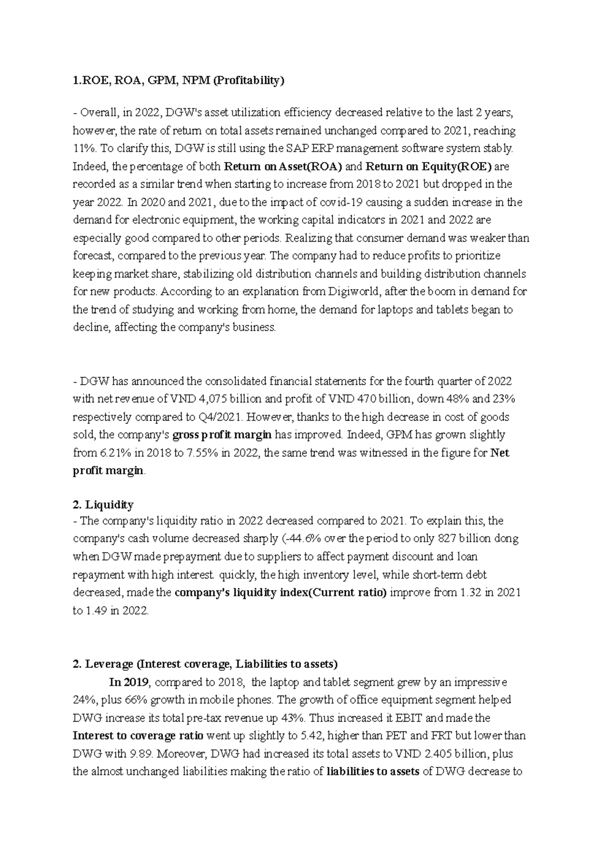 Key Performance Explaination - 1, ROA, GPM, NPM (Profitability) Overall ...