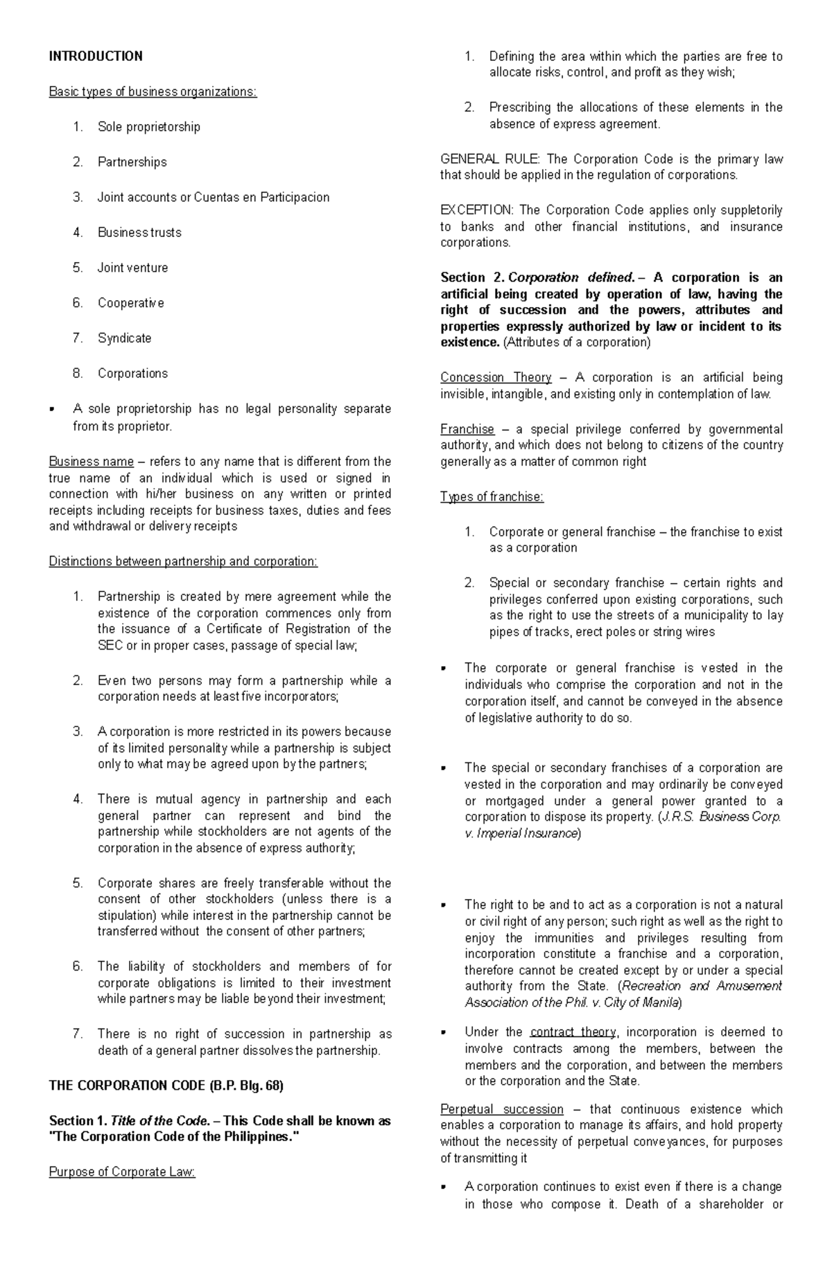 Corporation law notes by aquino - INTRODUCTION Basic types of business ...
