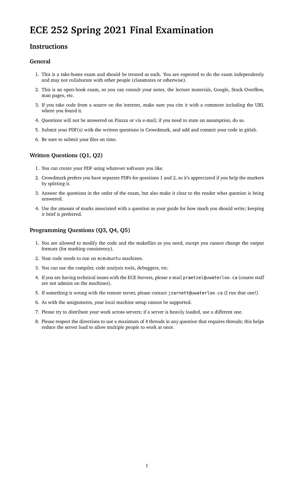 Ece252 final - ECE 252 Spring 2021 Final Examination Instructions ...