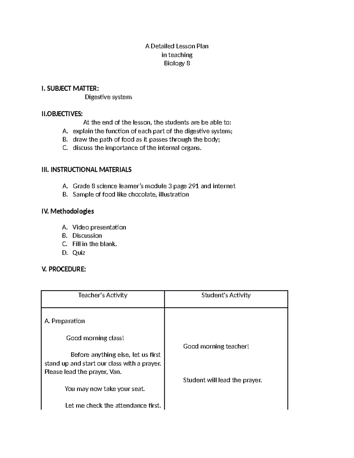 Grade 8 DLP Digestive system - A Detailed Lesson Plan in teaching ...