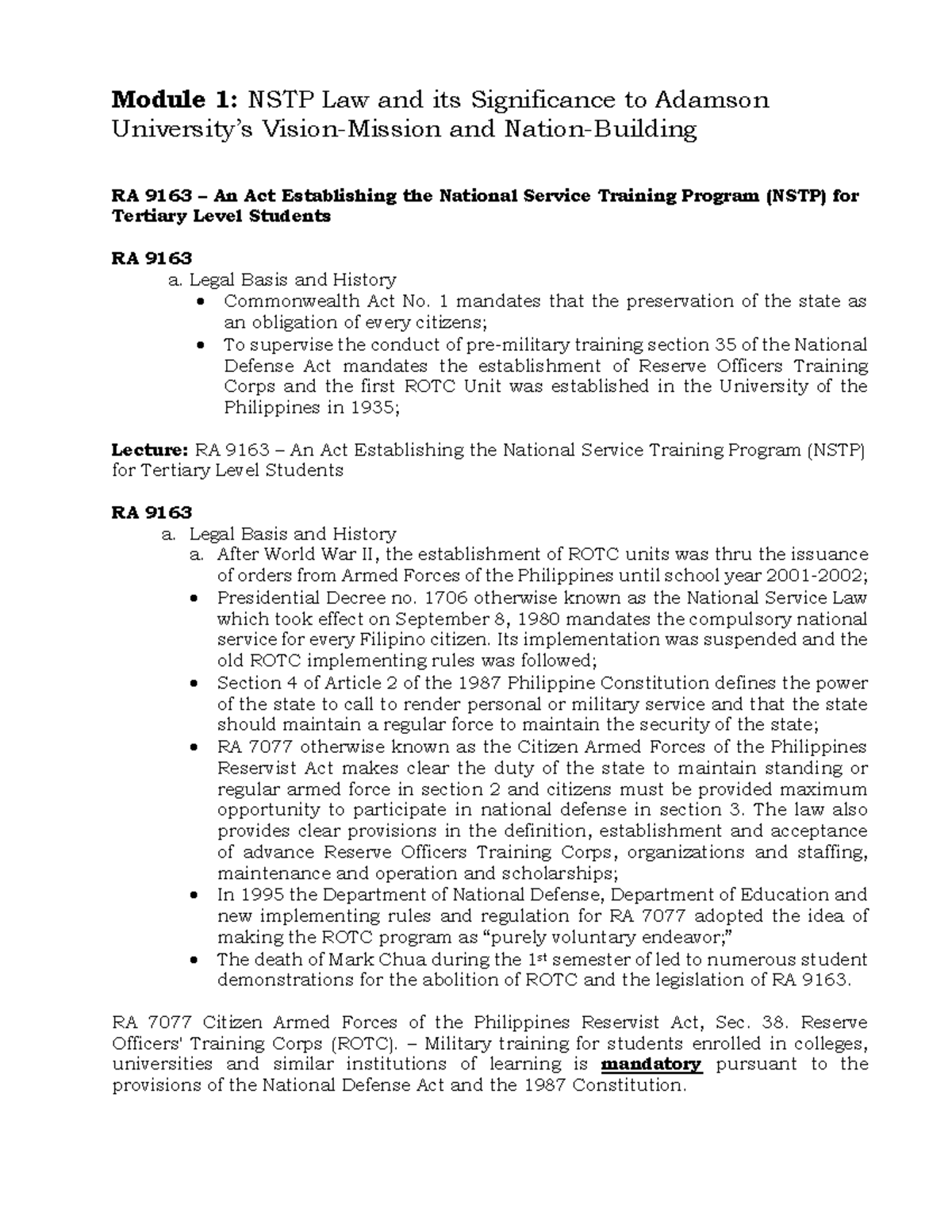 CWTS Module - Module 1: NSTP Law and its Significance to Adamson ...