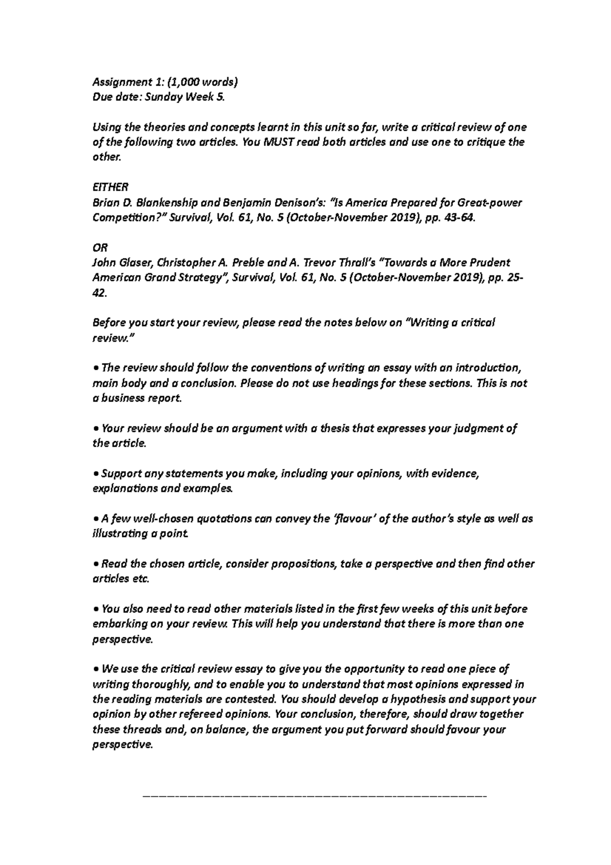 Critical Review - Assignment 1: (1,000 words) Due date: Sunday Week 5 ...