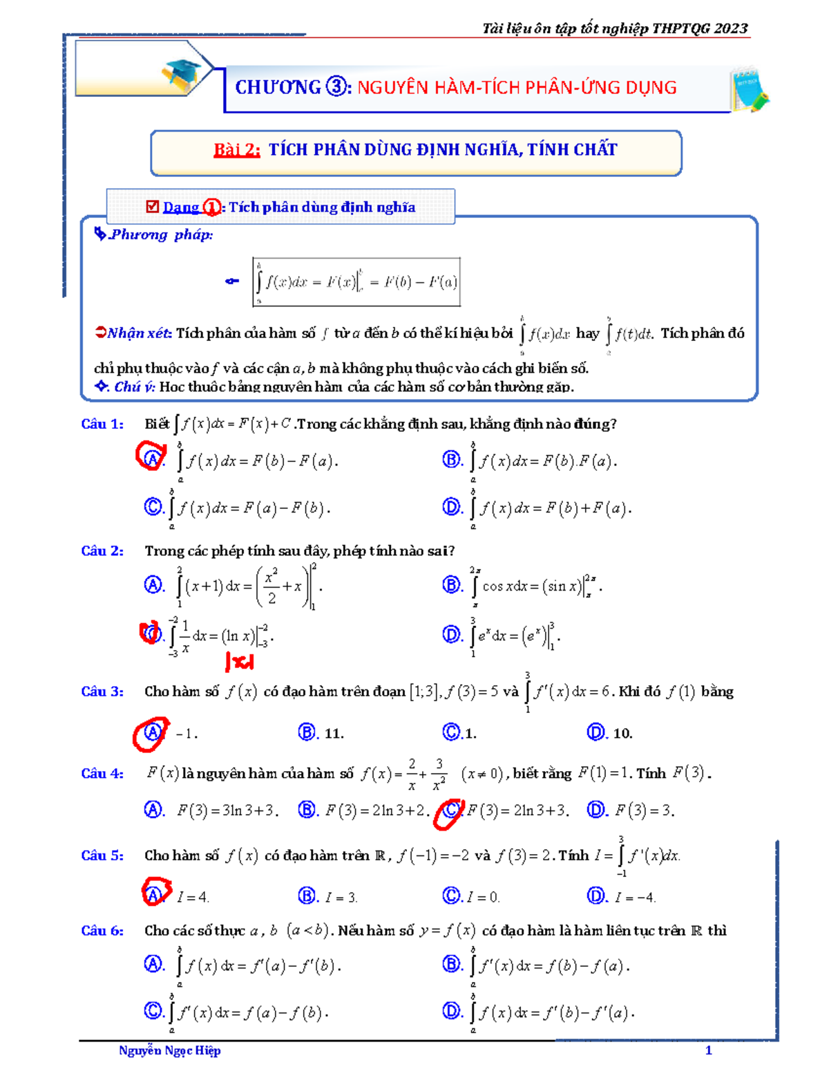 GT12 C3 B2 - ... - Câu 1: Biết f x dx F x C các khẳng định sau, khẳng ...