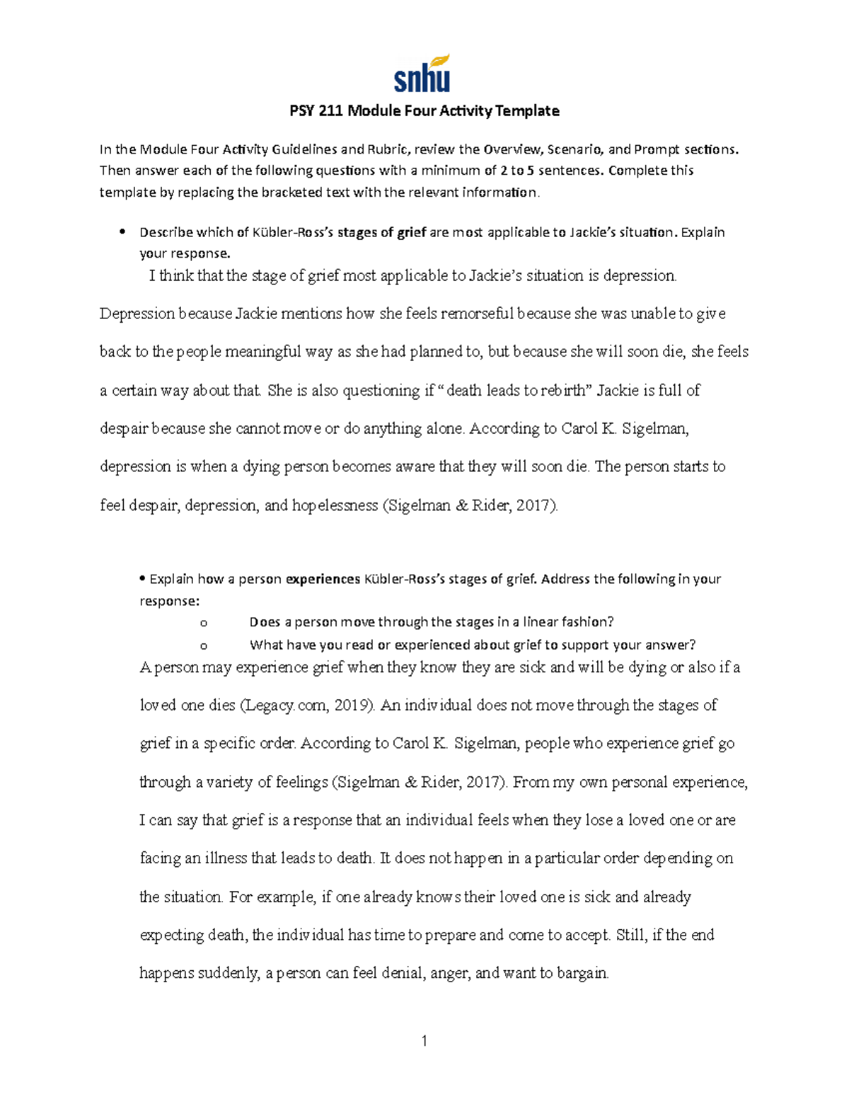 PSY 211 Module Four Activity Template - Then answer each of the ...