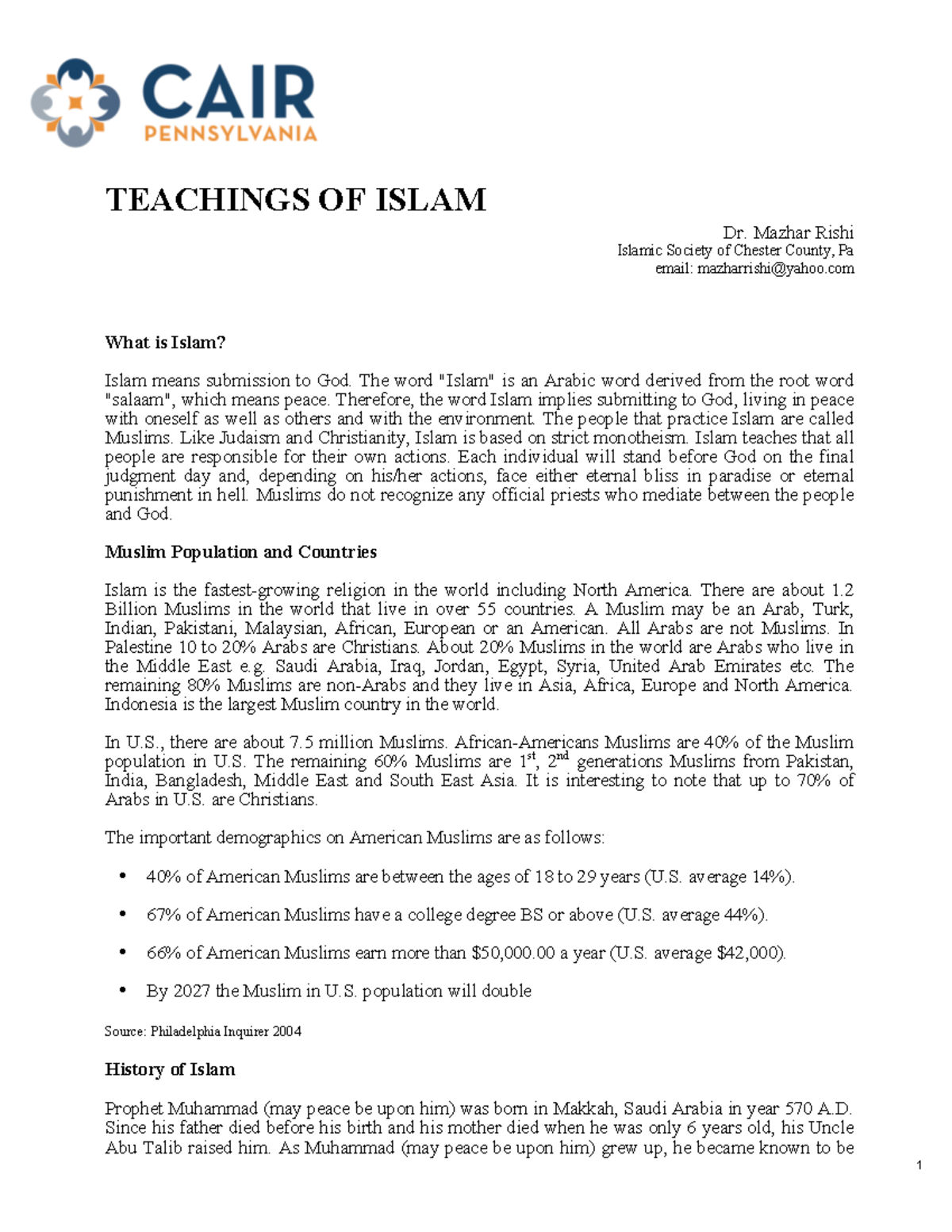 Fundamental teachings of islam - TEACHINGS OF ISLAM Dr. Mazhar Rishi ...