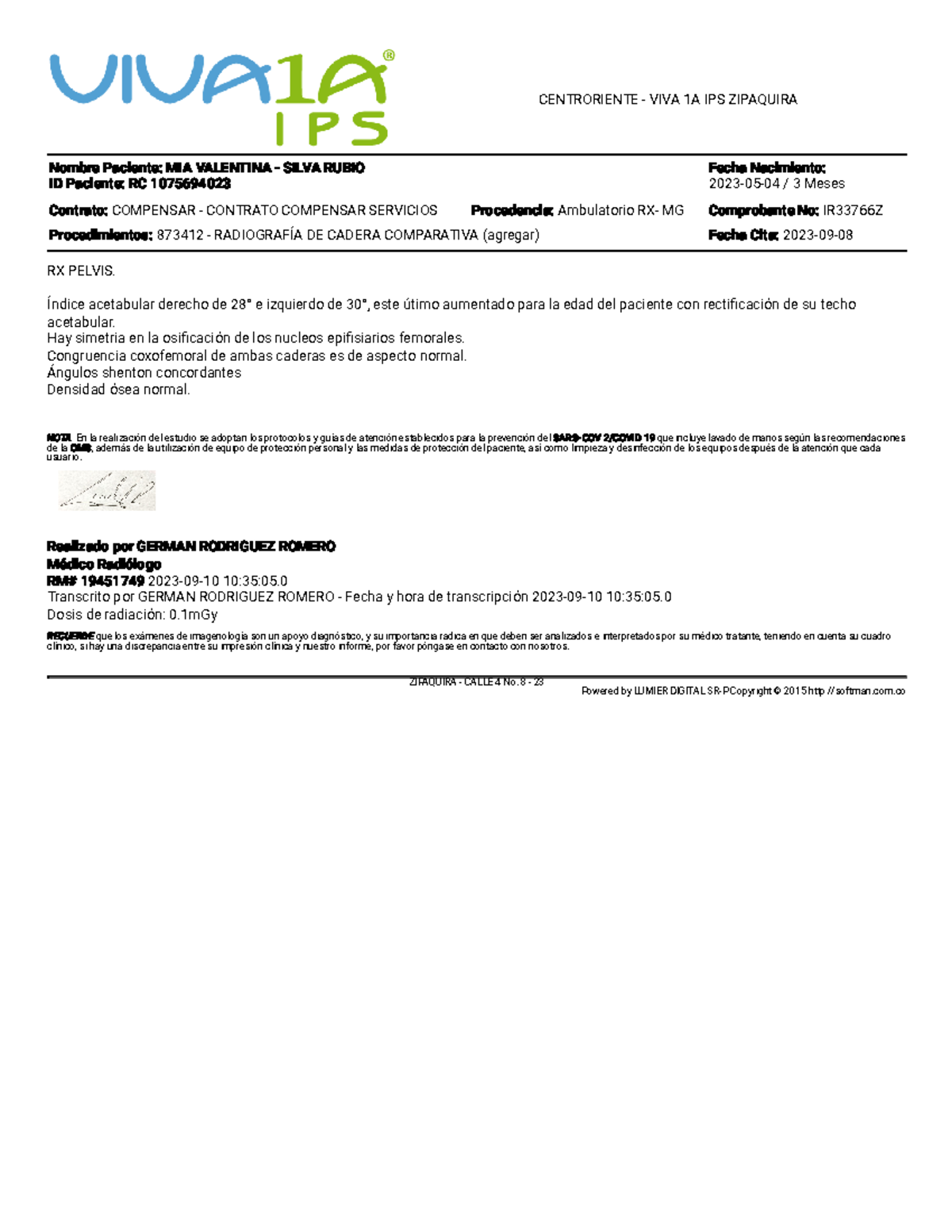 Diagnostico - Dignostico - CENTRORIENTE - VIVA 1A IPS ZIPAQUIRA Nombre Paciente: MIA VALENTINA ...