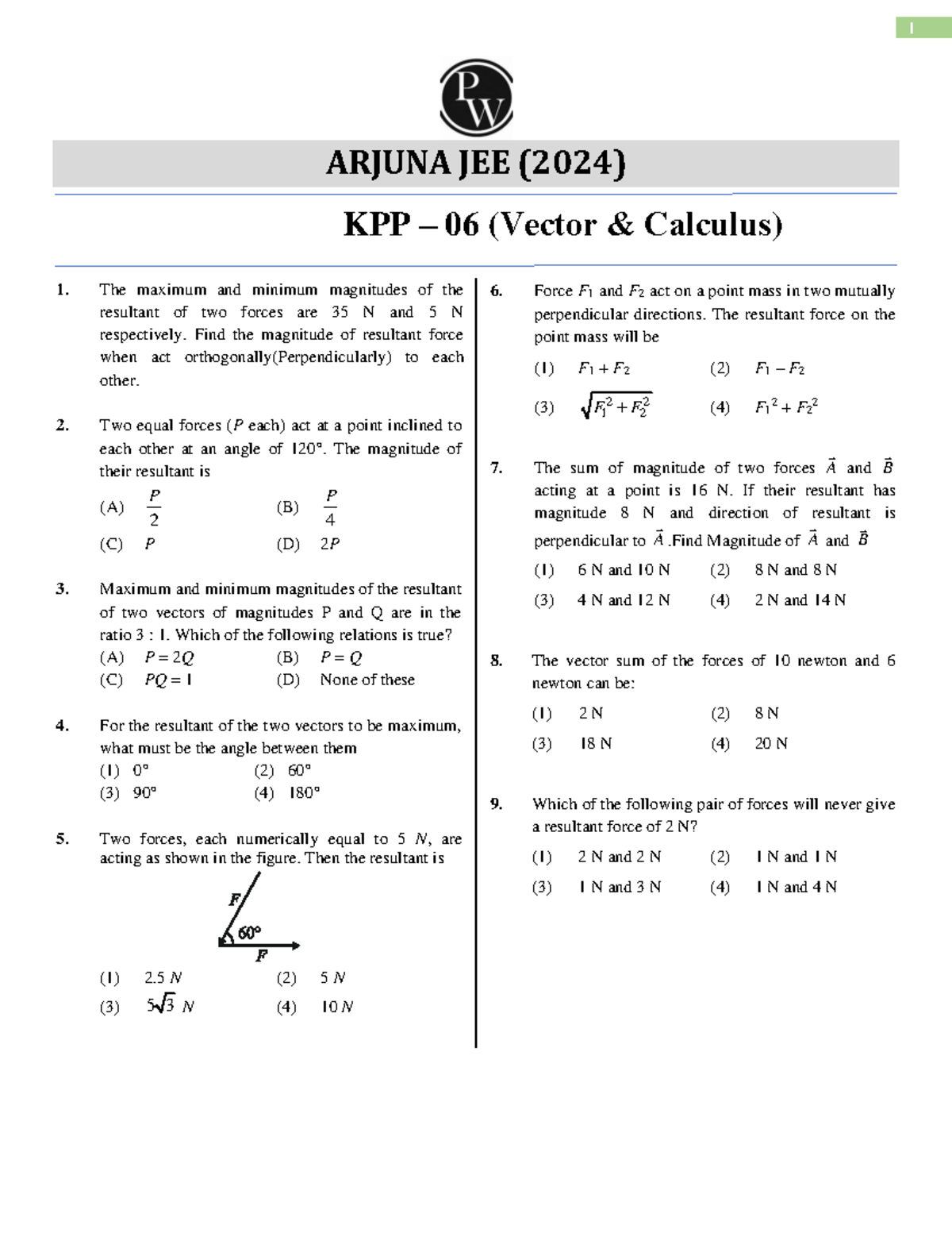 KPP 06 Arjuna JEE 2024 - practice it - 1 ARJUNA JEE (2 024 ) KPP – 06 (Vector & Calculus) The ...