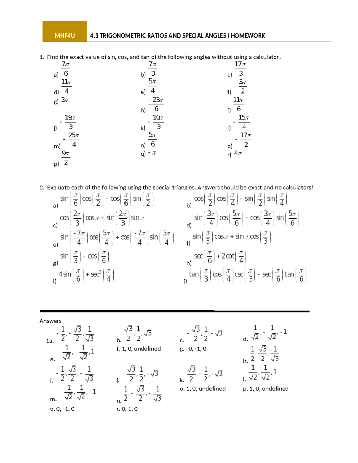 4.03 Trig Ratios and Special Angles II HW - MHF4U 4 TRIGONOMETRIC ...