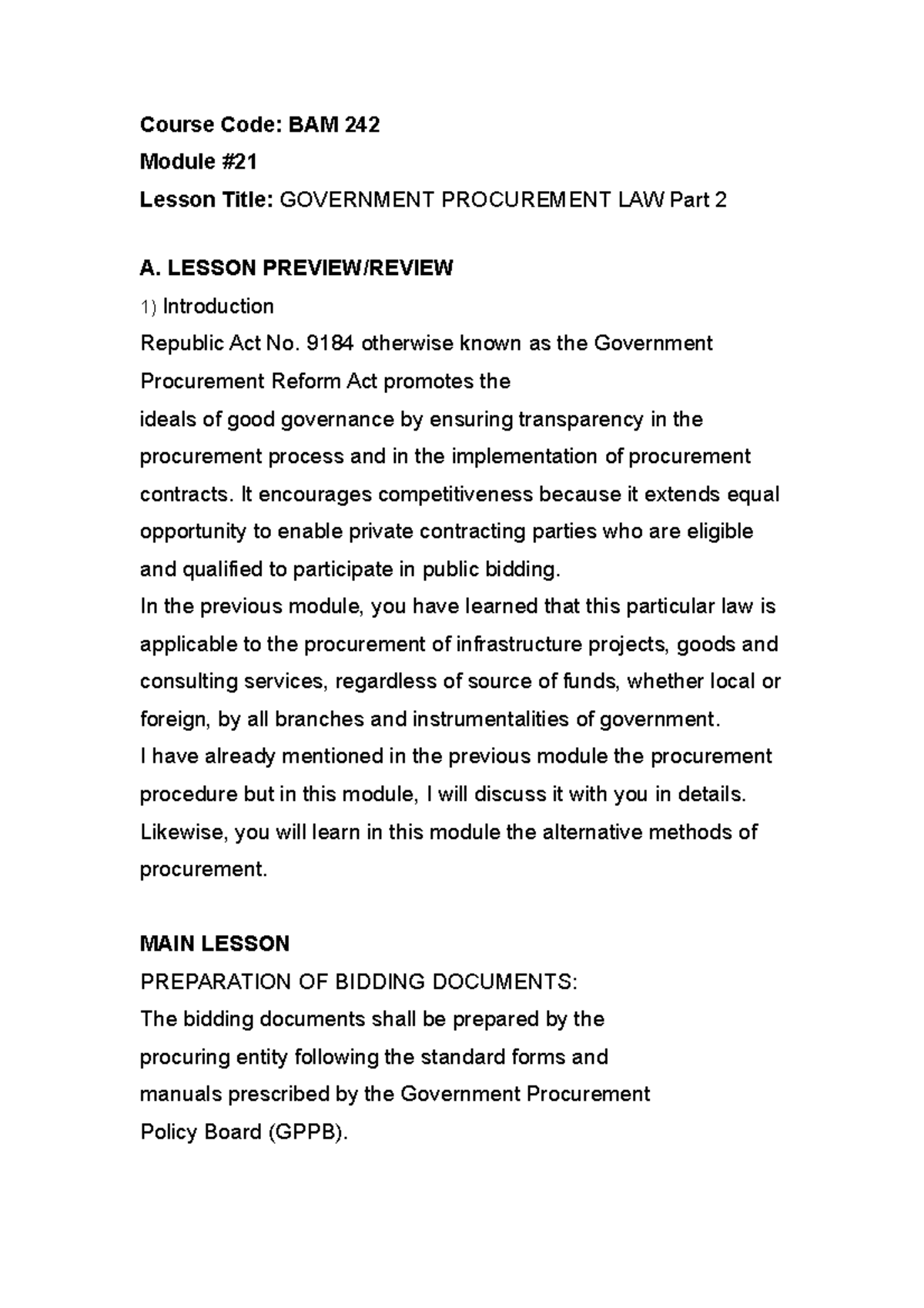 BAM242 Lesson 21 - Course Code: BAM 242 Module # Lesson Title: GOVERNMENT PROCUREMENT LAW Part 2 ...