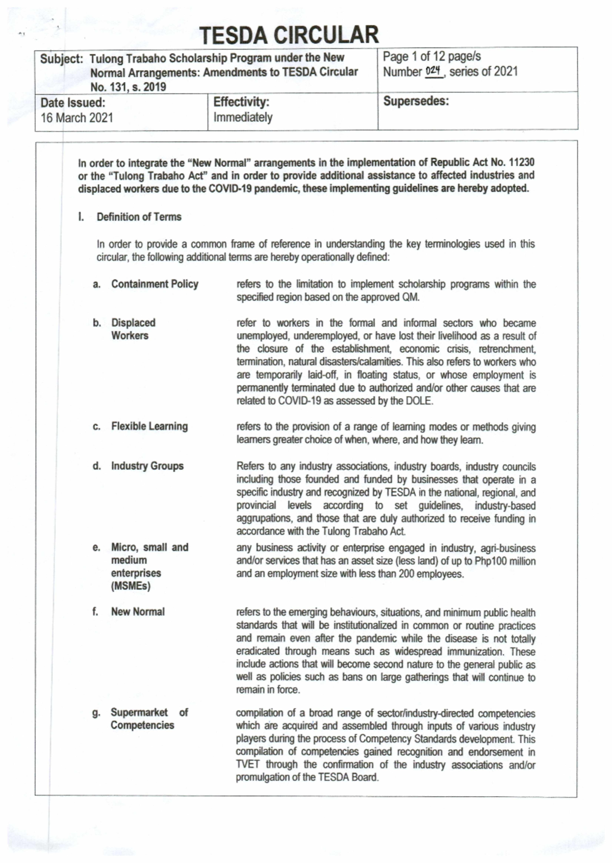 Tesda Circular No. 024-2021 - TESDA CIRCULAR Subject: Tulong Trabaho ...