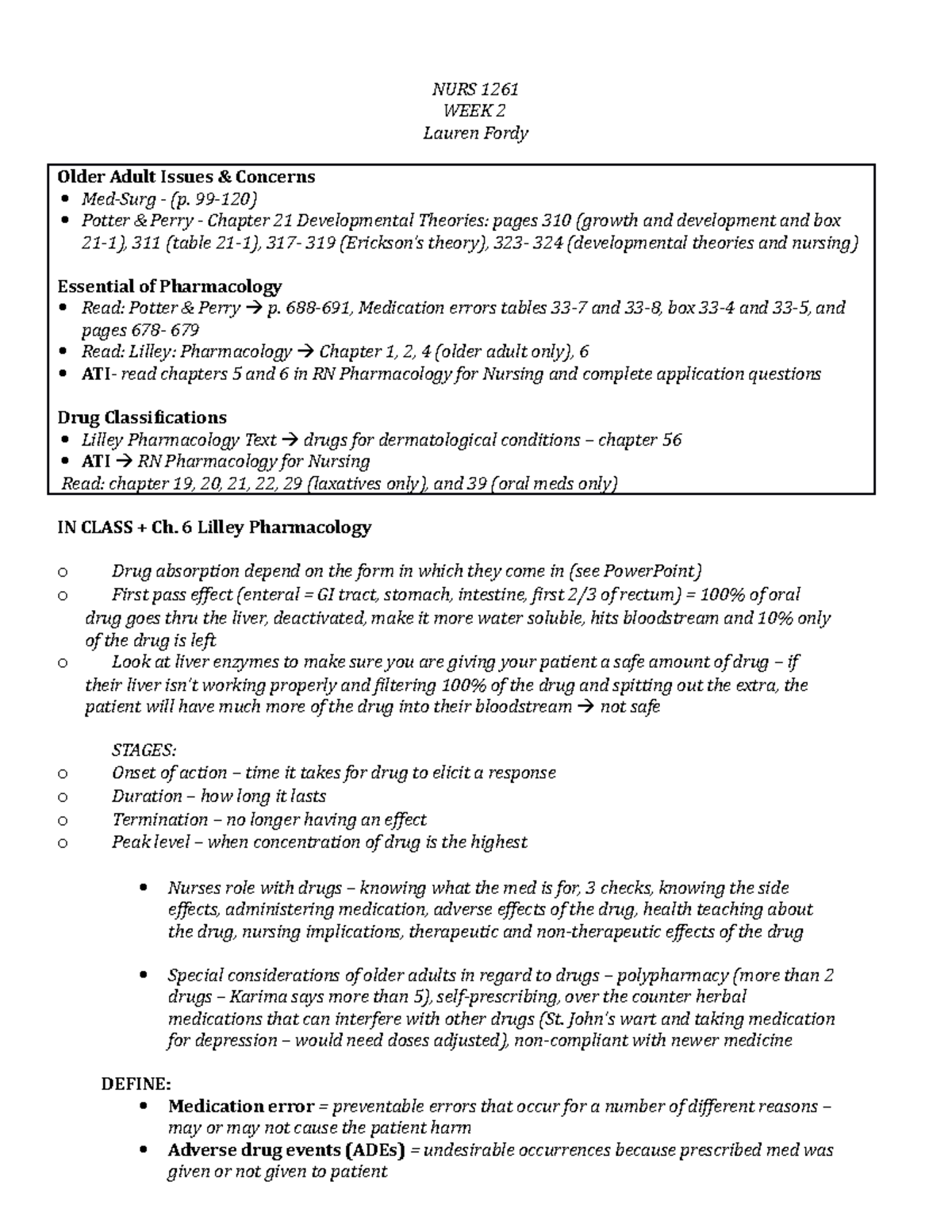 1261 Week 2 - Pharmacology ch. 4 6 - NURS 1261 WEEK 2 Lauren Fordy ...