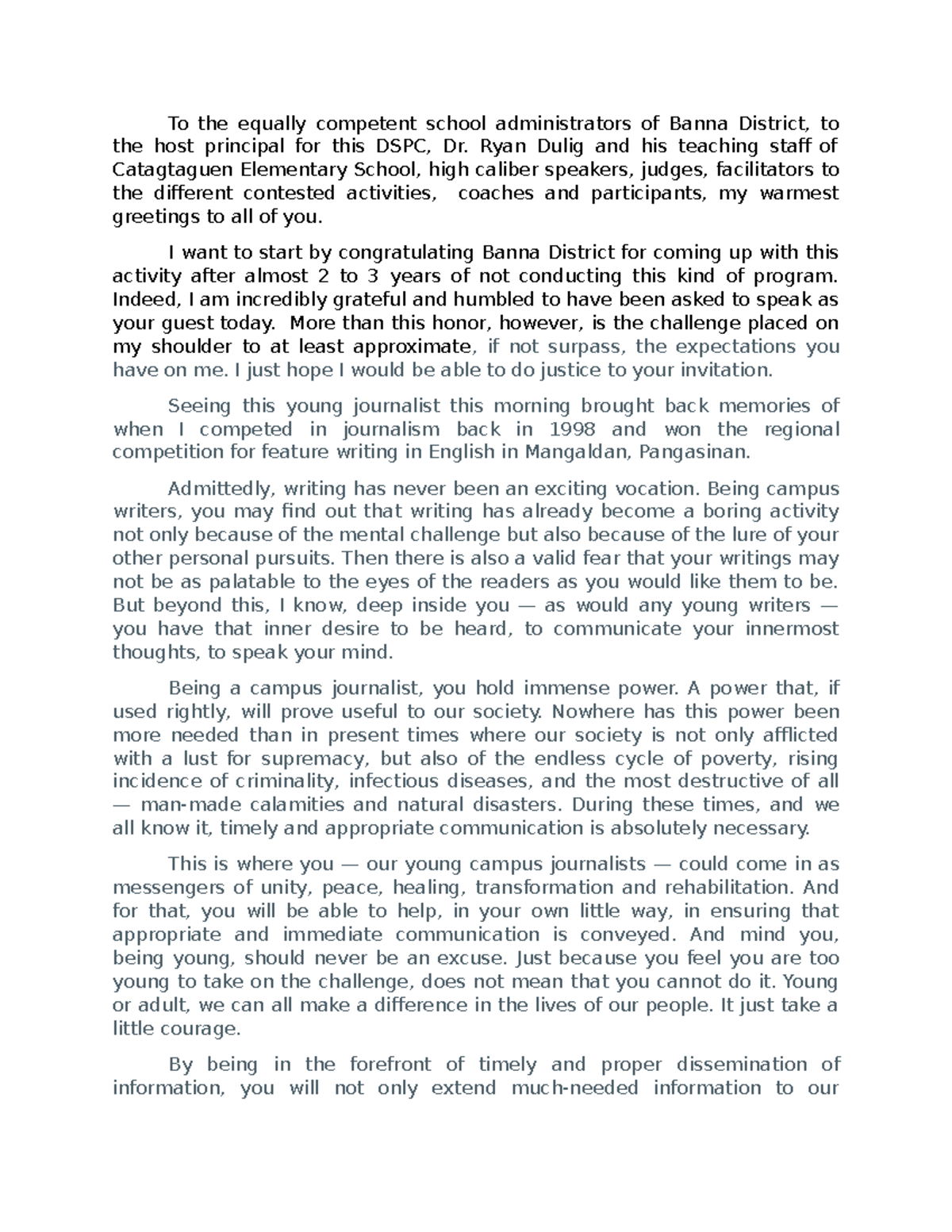 Speech journalism - notes - To the equally competent school ...