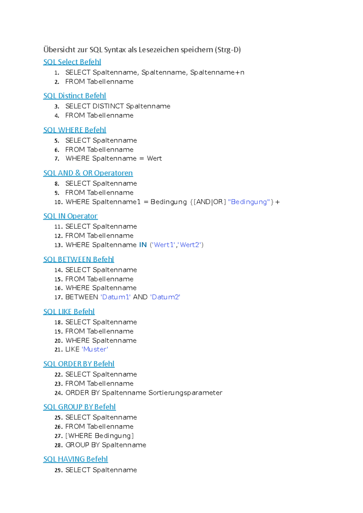Spicker DV SQL Klausur - Übersicht zur SQL Syntax als Lesezeichen speichern (Strg-D) SQL Select ...