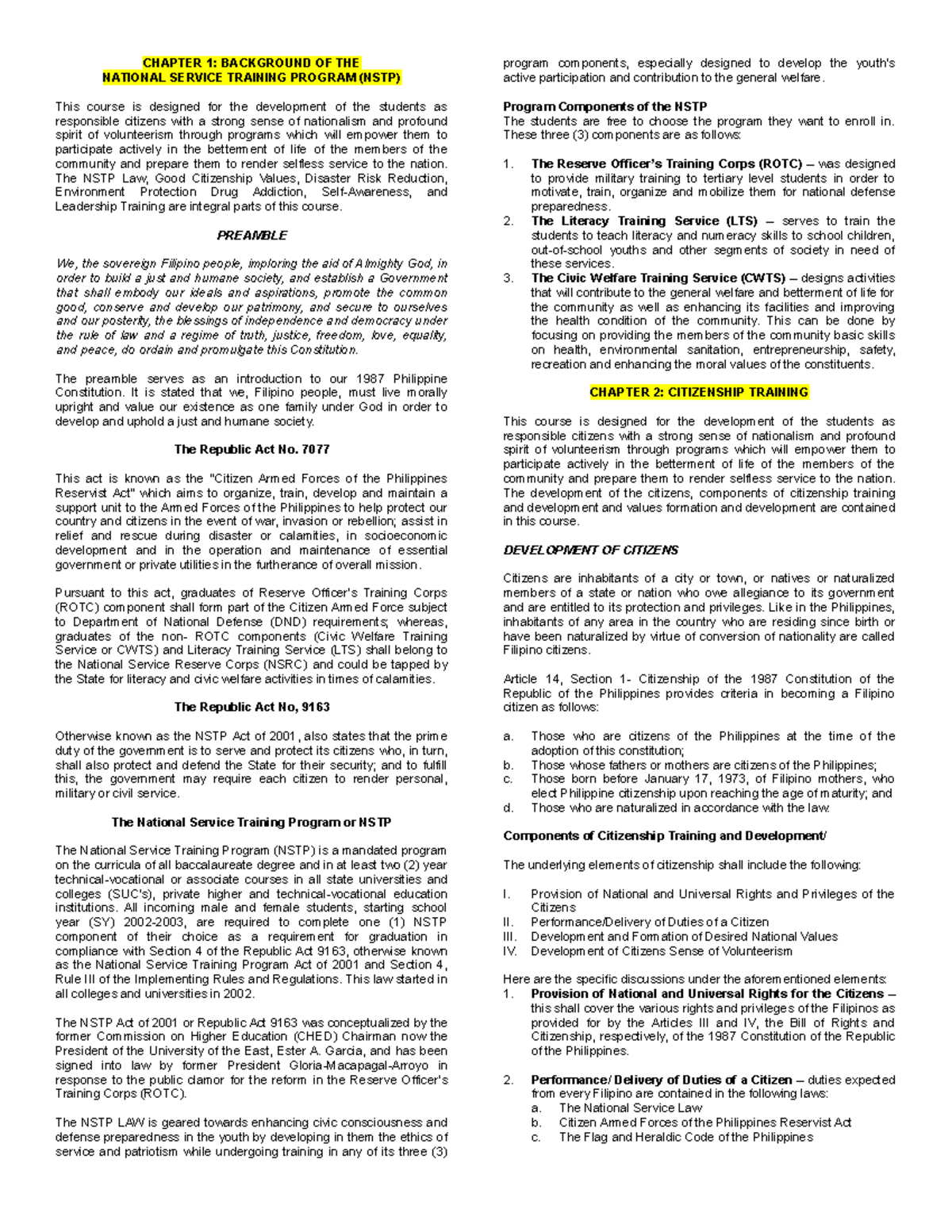 Midterms - Civic Welfare Training Service - CHAPTER 1: BACKGROUND OF ...