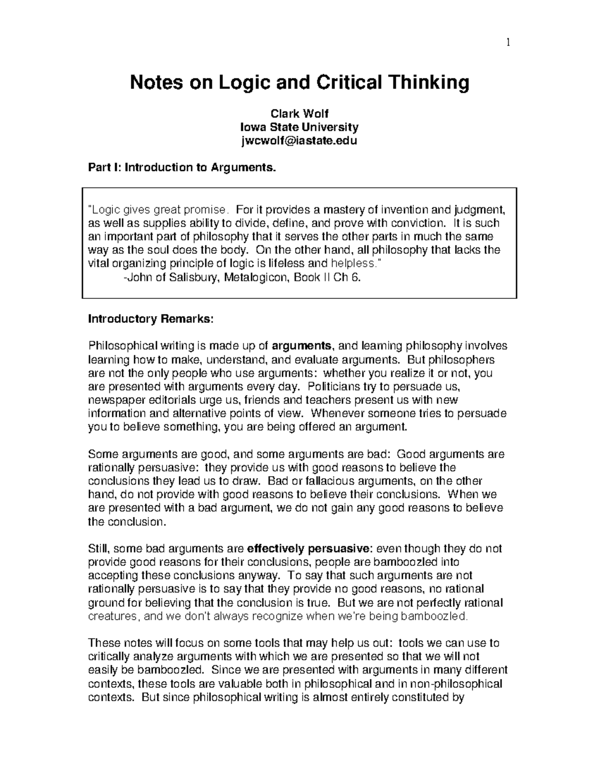 Introduction to logic and critical thinking - Notes on Logic and ...