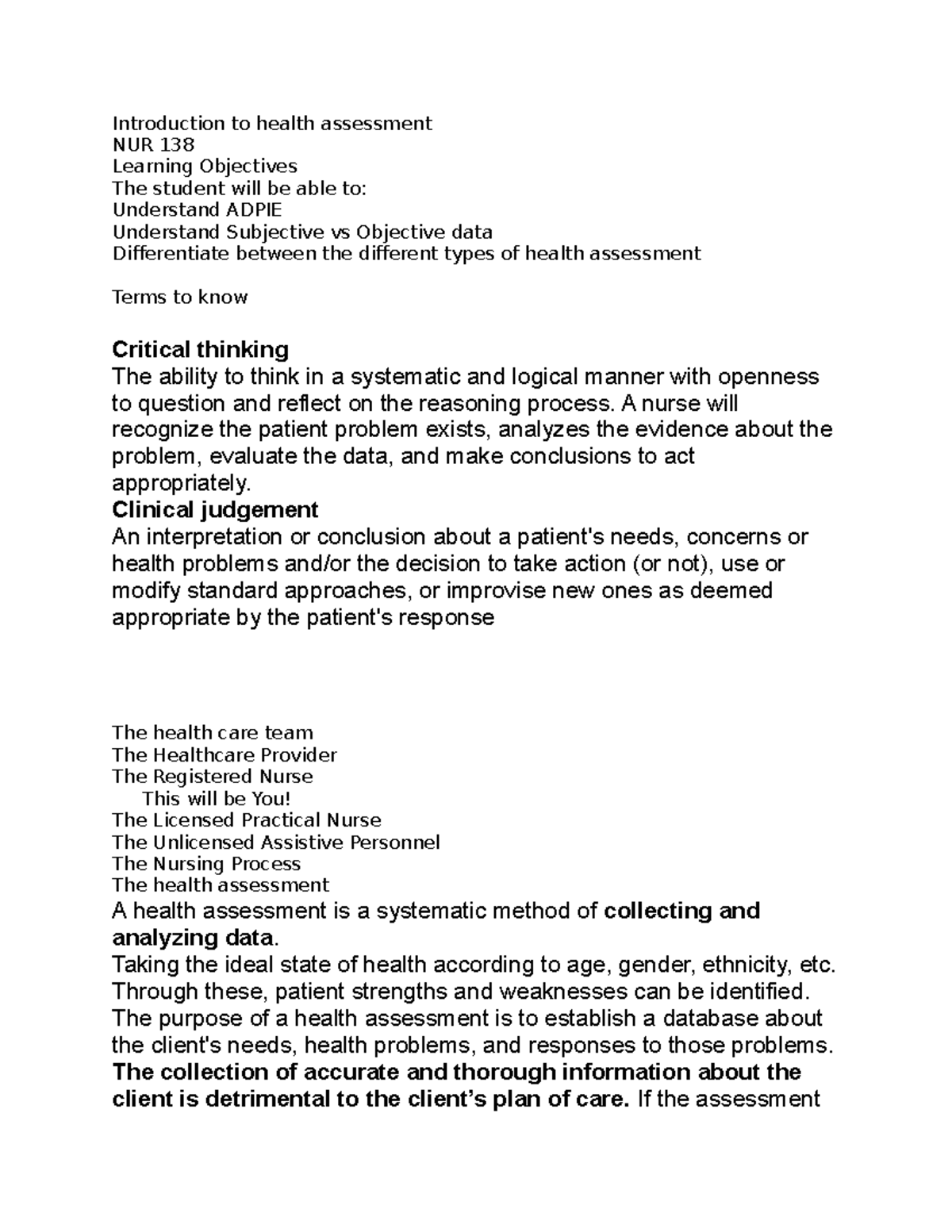 Intro 138 outline - Notes - Introduction to health assessment NUR 138 ...