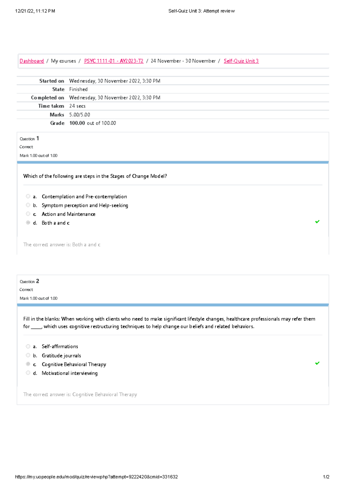 PSYC-Self-Quiz Unit 3 Attempt review - 12/21/22, 11:12 PM Self-Quiz Unit 3: Attempt review - Studocu