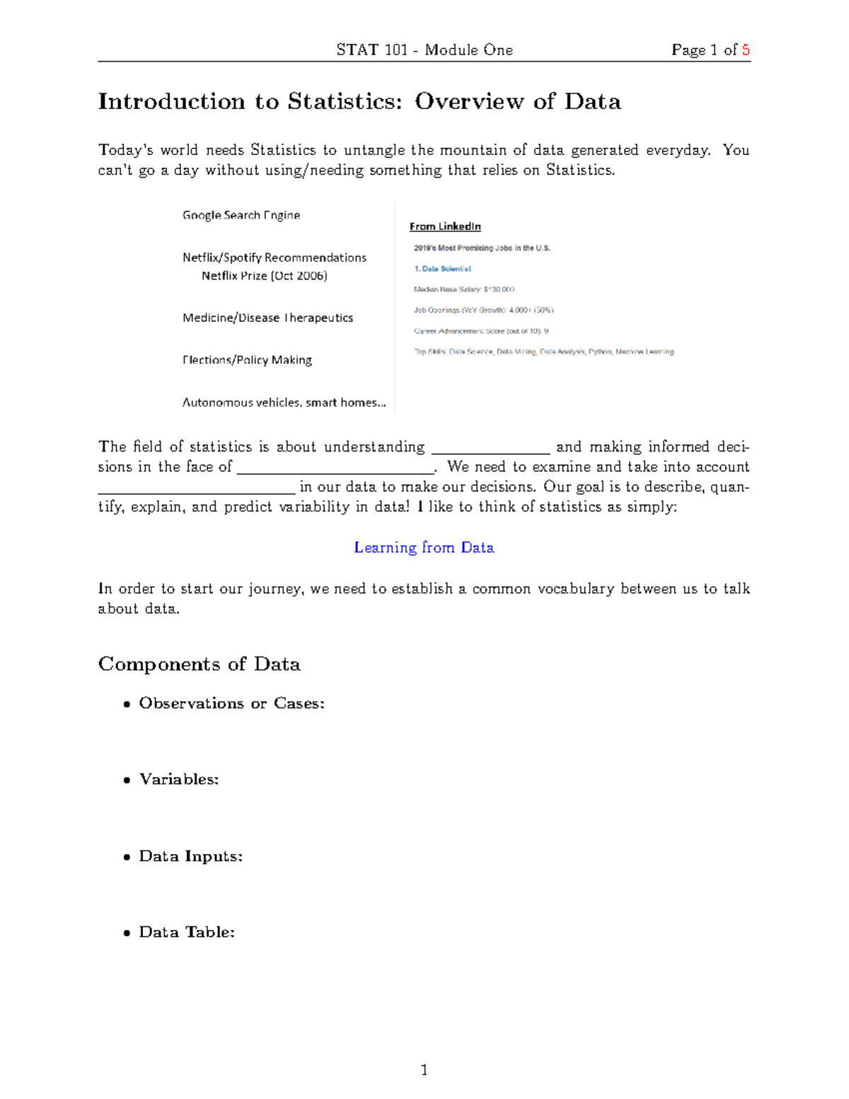 01 introduction to statistics handouts 1 - Introduction to Statistics ...