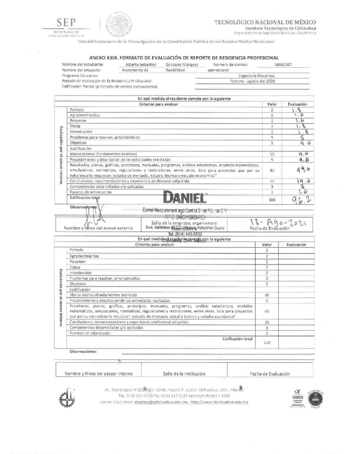 Anexo XXX Formato DE Evaluacion DE Reporte DE Residencia Profesional - SEP TECNOLÓGICO NACIONAL ...