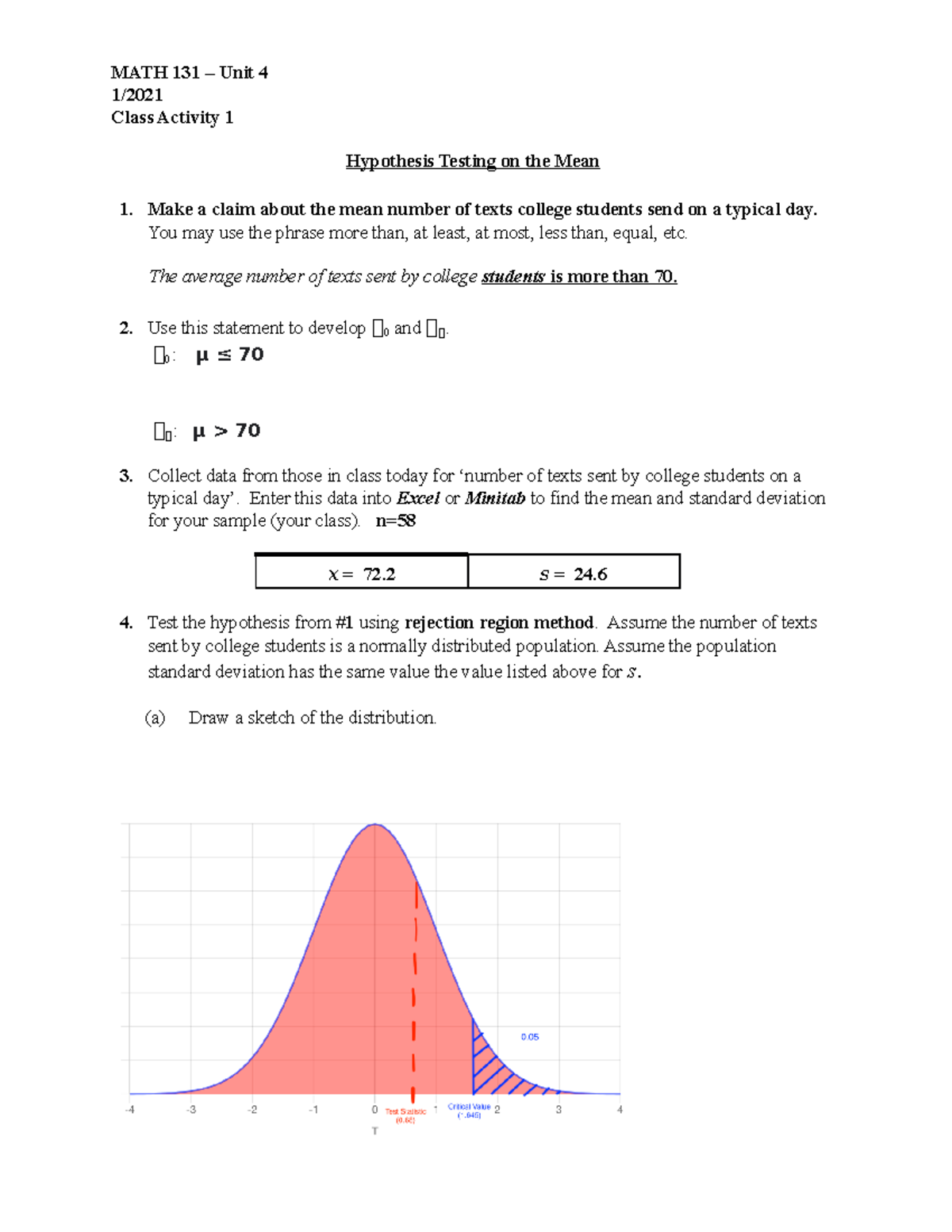 Activity 4 - lab 4.1 - MATH 131 – Unit 4 1/ Class Activity 1 Hypothesis ...