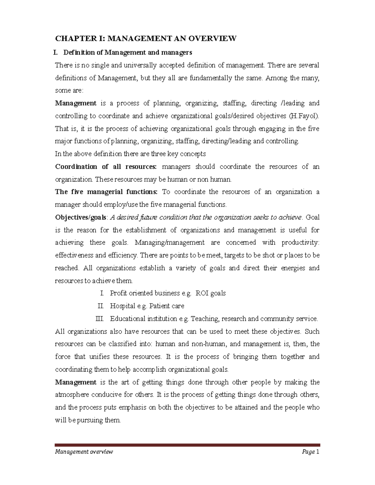 Chapter 1 introduction to Management Addis Ababa university - CHAPTER I ...