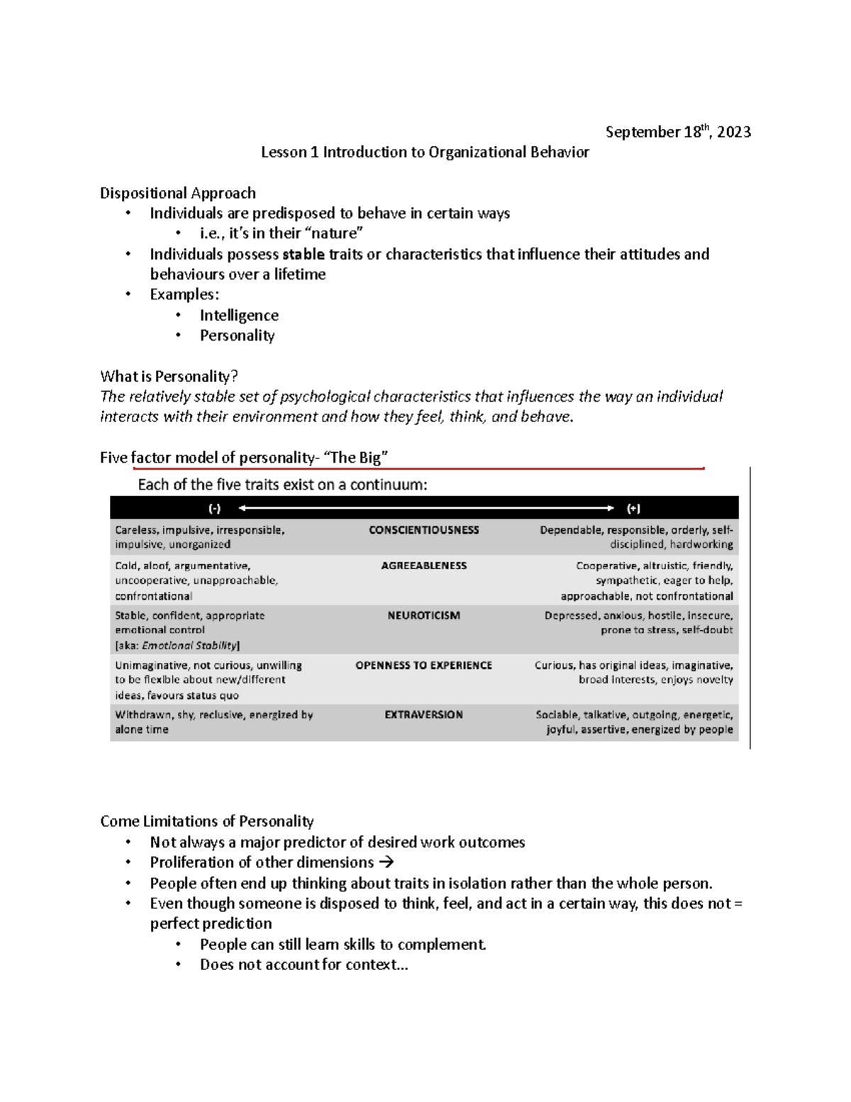 Intro. to Organization Behavior Lesson 1 - September 18th, 2023 Lesson ...