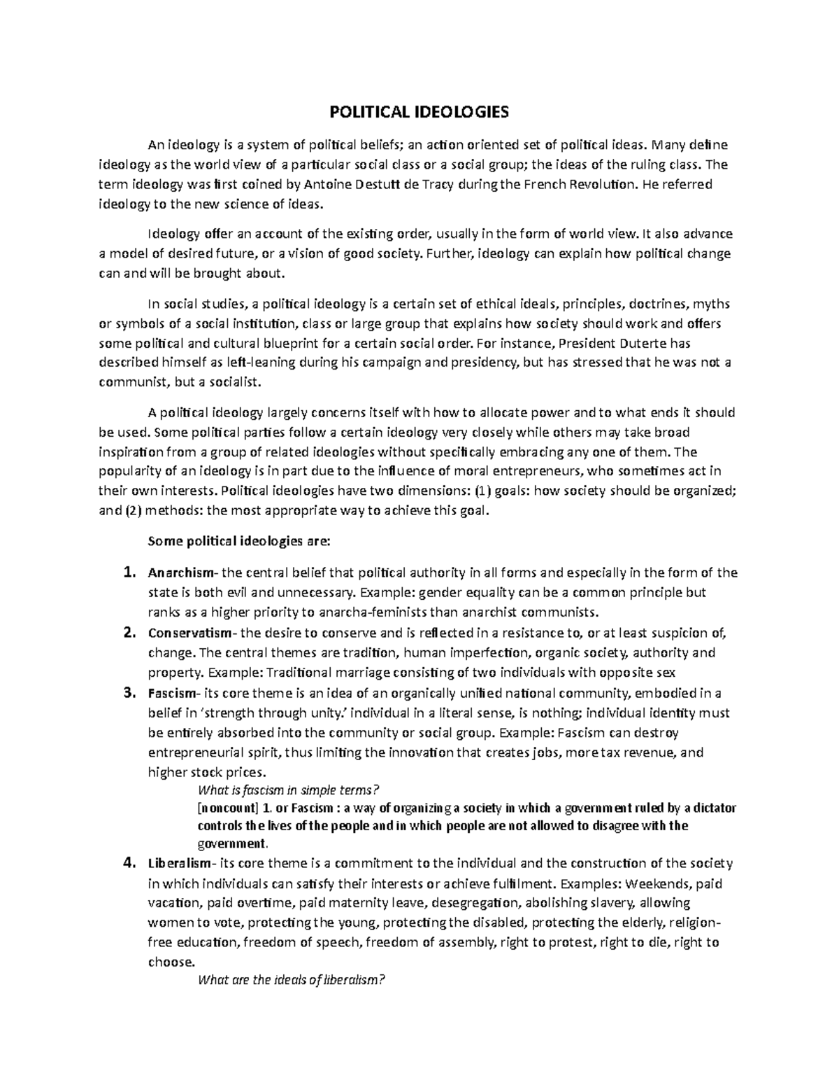 Political Ideologies - notes - POLITICAL IDEOLOGIES An ideology is a ...