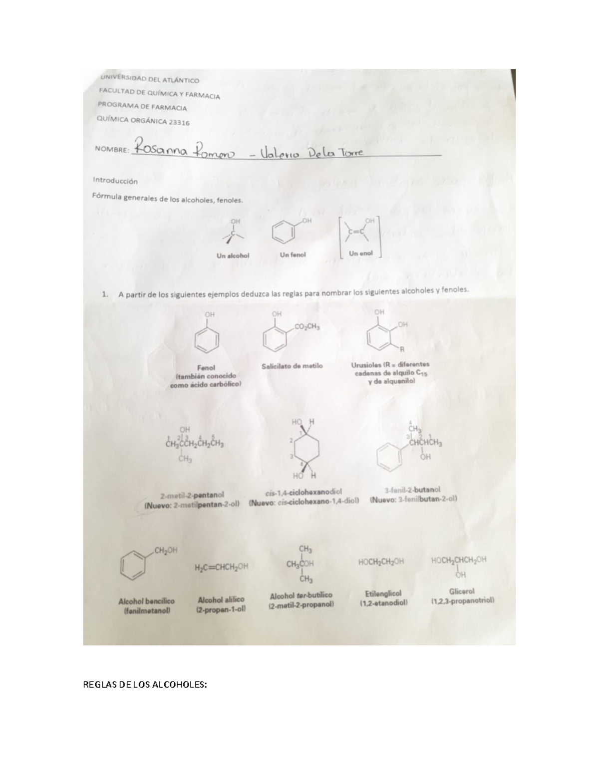 Taller Organica ( Alcoholes- Fenoles) - REGLAS DE LOS ALCOHOLES: Para nombrar los alcoholes se ...