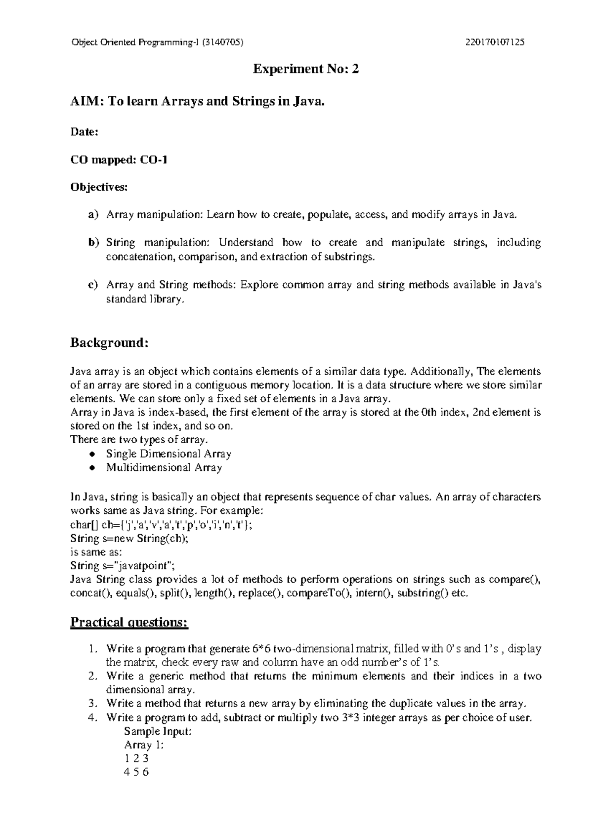 Lab manual 3140705 OOP-I 2024 (1)-25-36-1-11 - Experiment No: 2 AIM: To learn Arrays and Strings ...