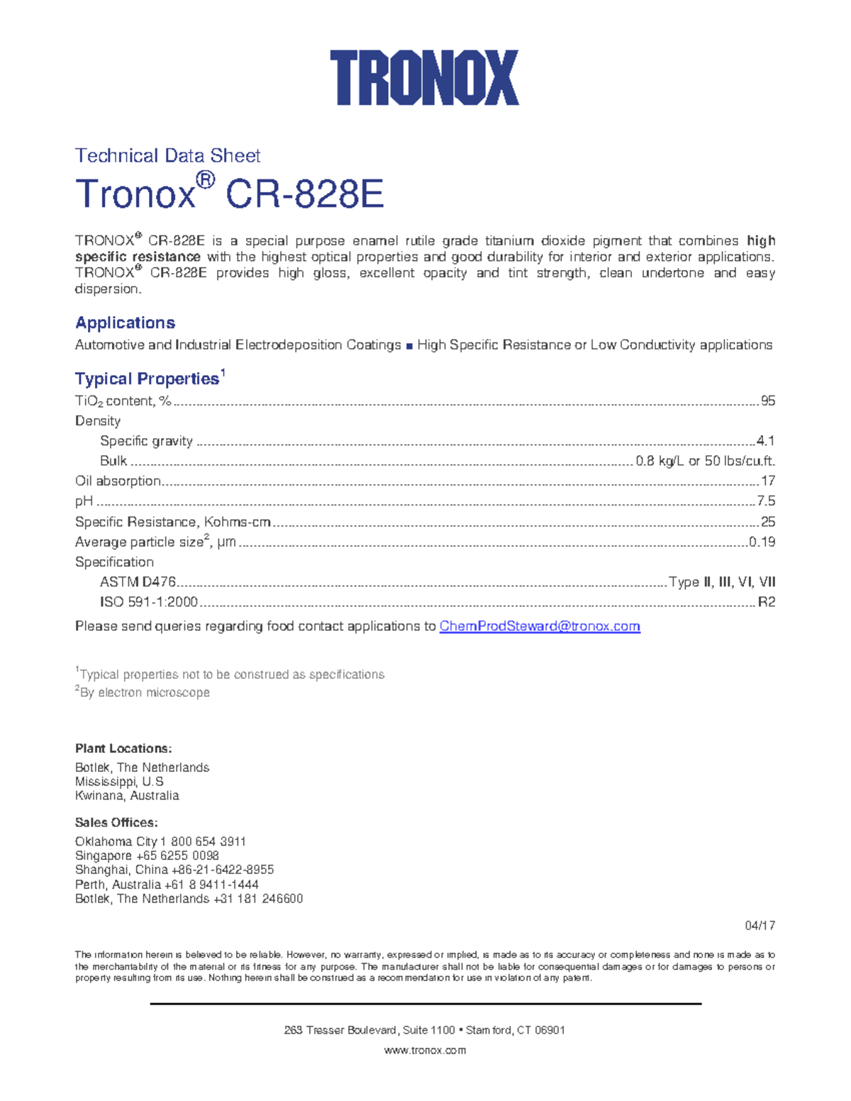 Tronox CR-828E Technical data sheet TDS - 263 Tresser Boulevard, Suite ...